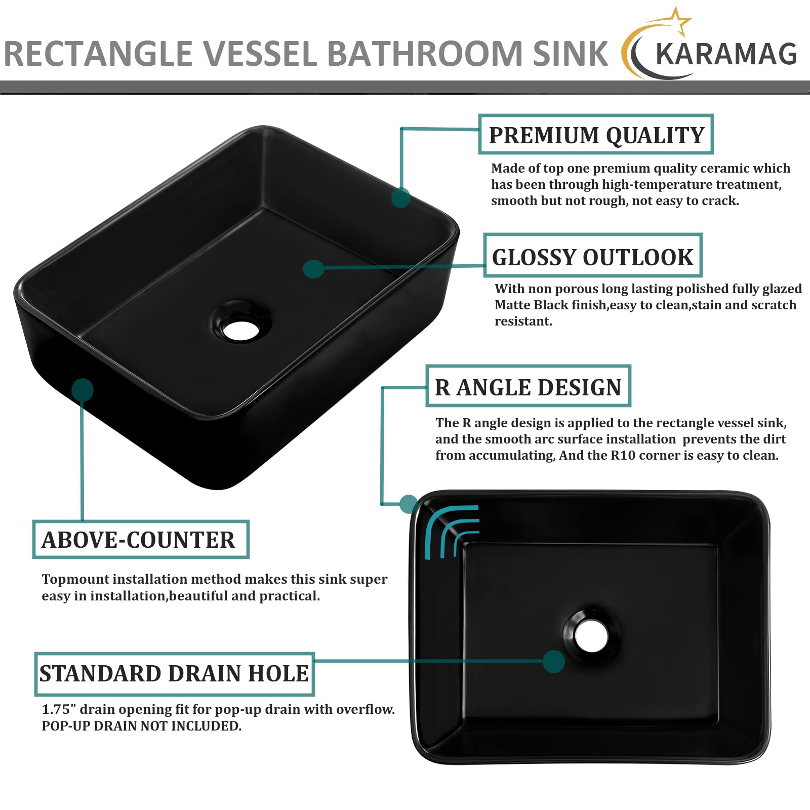 KARAMAG Black Vessel Sink,Rectangle 19"x15" Bathroom Sink Above Counter Porcelain Ceramic Small Sink Bowl Ceramic Vessel Sinks for Bathrooms