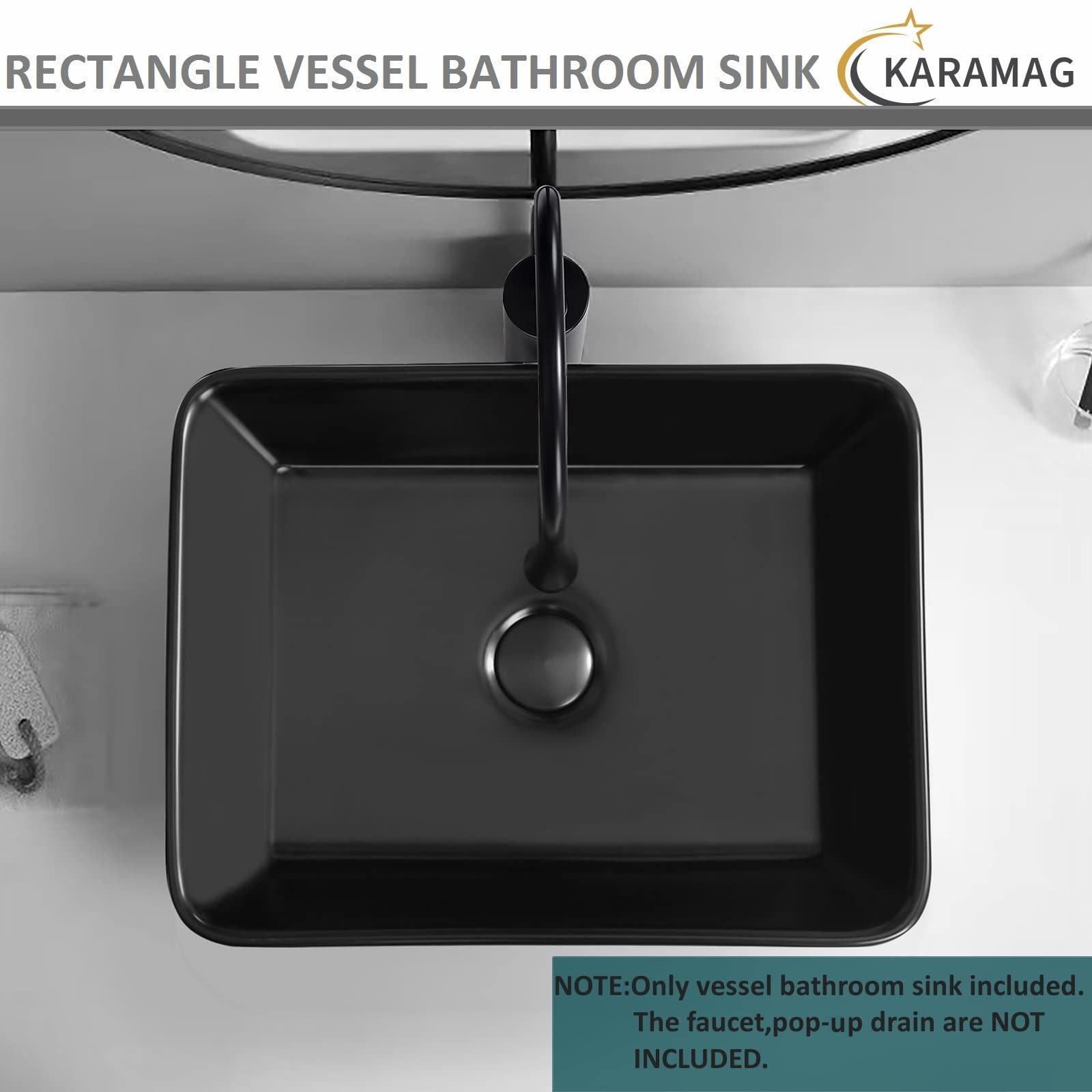 KARAMAG Black Vessel Sink,Rectangle 19"x15" Bathroom Sink Above Counter Porcelain Ceramic Small Sink Bowl Ceramic Vessel Sinks for Bathrooms