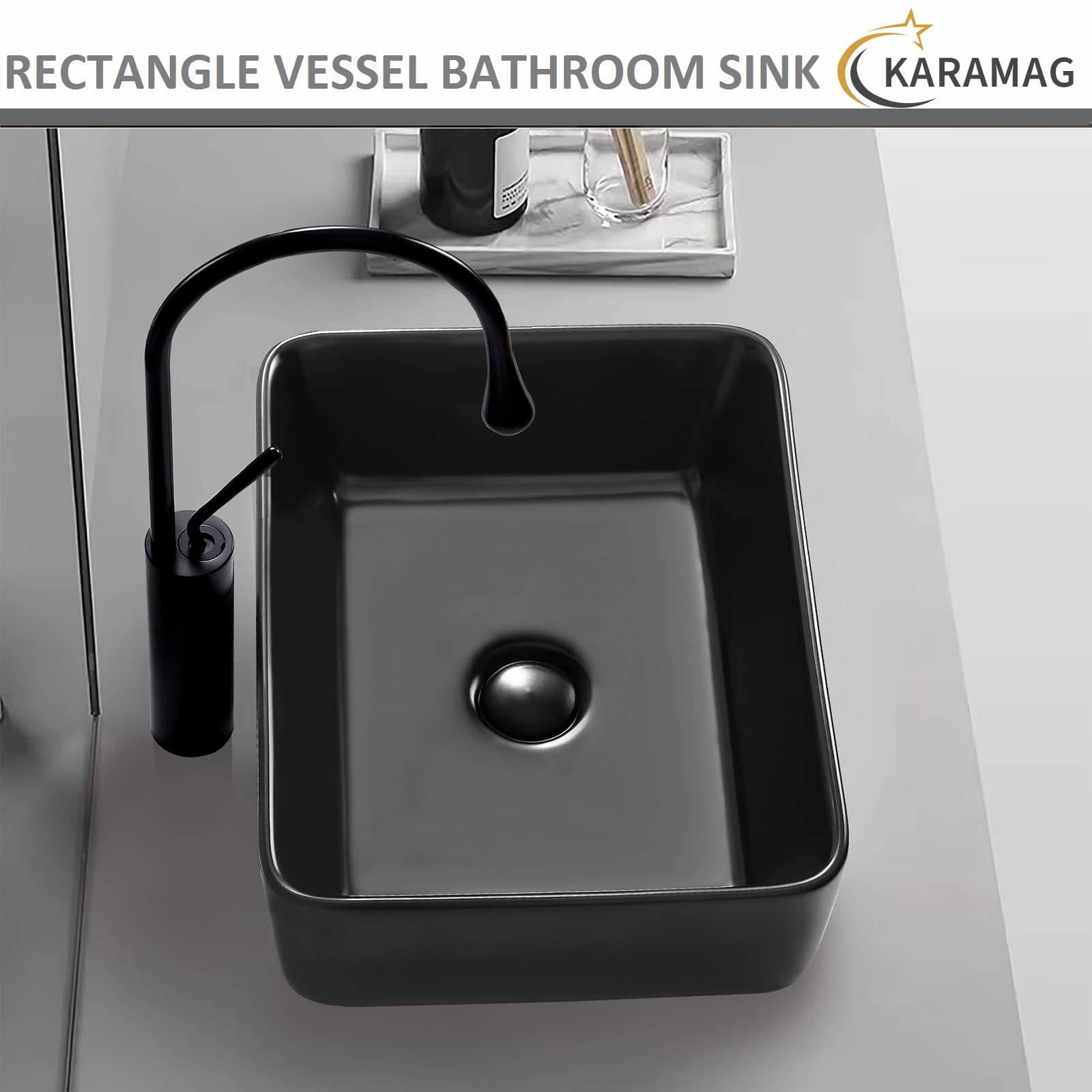 KARAMAG Black Vessel Sink,Rectangle 19"x15" Bathroom Sink Above Counter Porcelain Ceramic Small Sink Bowl Ceramic Vessel Sinks for Bathrooms