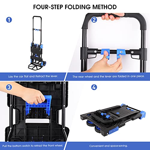 HIYATEE Heavy Duty Folding Hand Truck, 330lbs Portable Dolly Cart Retractable Handle,Foldable 2 in 1 Hand Truck Push Cart Dolly with 4 Wheels, Suitable for Home/Office/Travel/Warehouse/Market/Handling