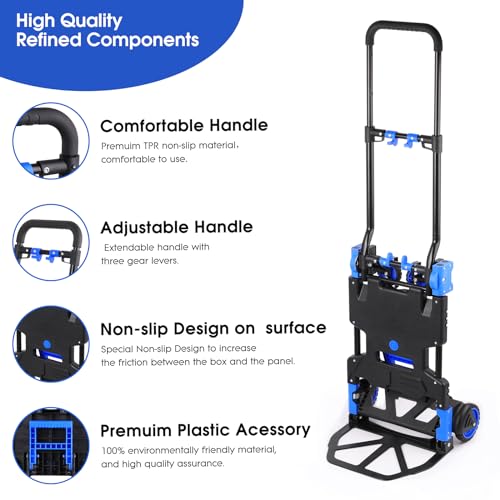 HIYATEE Heavy Duty Folding Hand Truck, 330lbs Portable Dolly Cart Retractable Handle,Foldable 2 in 1 Hand Truck Push Cart Dolly with 4 Wheels, Suitable for Home/Office/Travel/Warehouse/Market/Handling