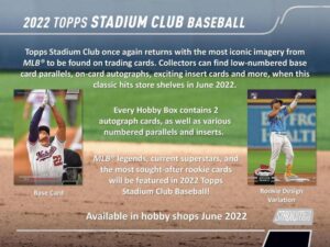 2022 topps stadium club baseball hobby box (16 packs/8 cards: 2 autos)