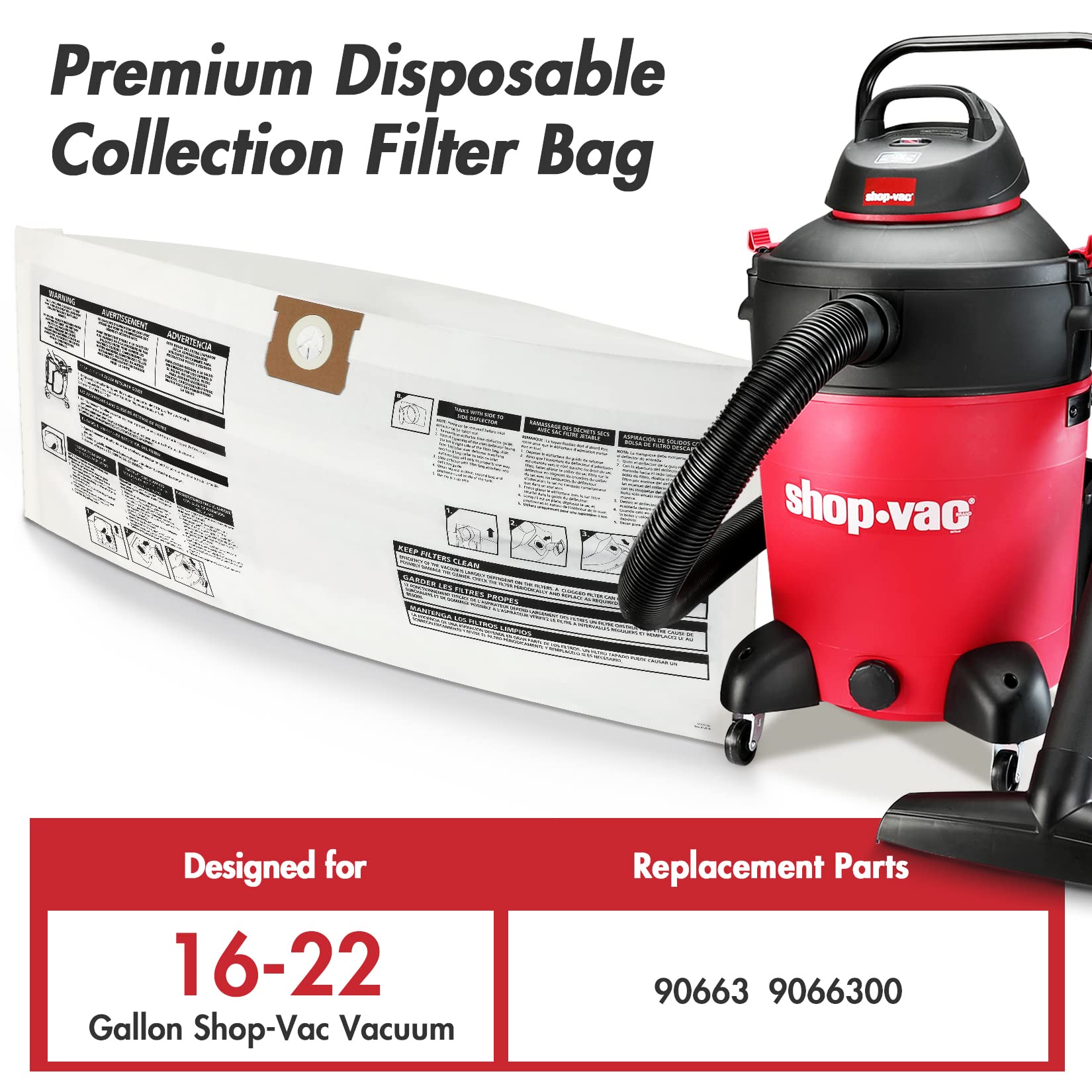 Shop-Vac 14 Gallon 6.5-Peak HP Wet/Dry Vacuum+90663 Disposable Filter Bags