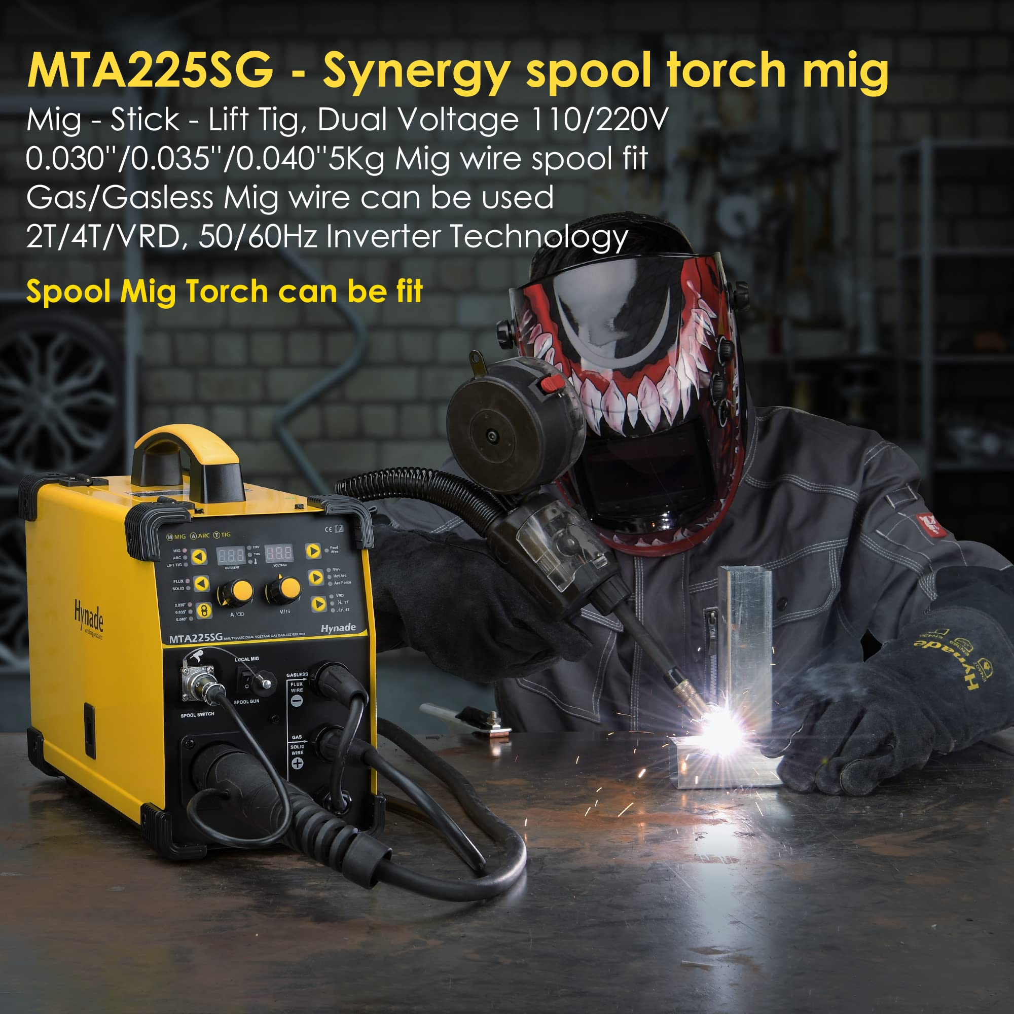 hynade 3 in 1 Mig Welder MTA225SG,Digital Dual Voltage 110/220V Mig/Tig/Arc/Spool Multi Process Welding Machine, 5 Kgs Spool Flux/Solid Wire Mig Welder