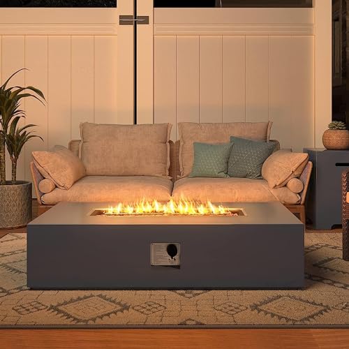 UPHA 56 Inch Outdoor Propane Fire Pit Table, 50,000 BTU Iron Rectangular Gas Fire Pits for Outside, Auto-Ignition Fire Table with Propane Tank Storage Side Table, Rain Cover, Lid, Lava Rock, Dark Grey