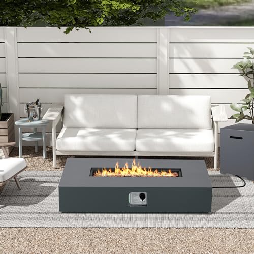 UPHA 56 Inch Outdoor Propane Fire Pit Table, 50,000 BTU Iron Rectangular Gas Fire Pits for Outside, Auto-Ignition Fire Table with Propane Tank Storage Side Table, Rain Cover, Lid, Lava Rock, Dark Grey