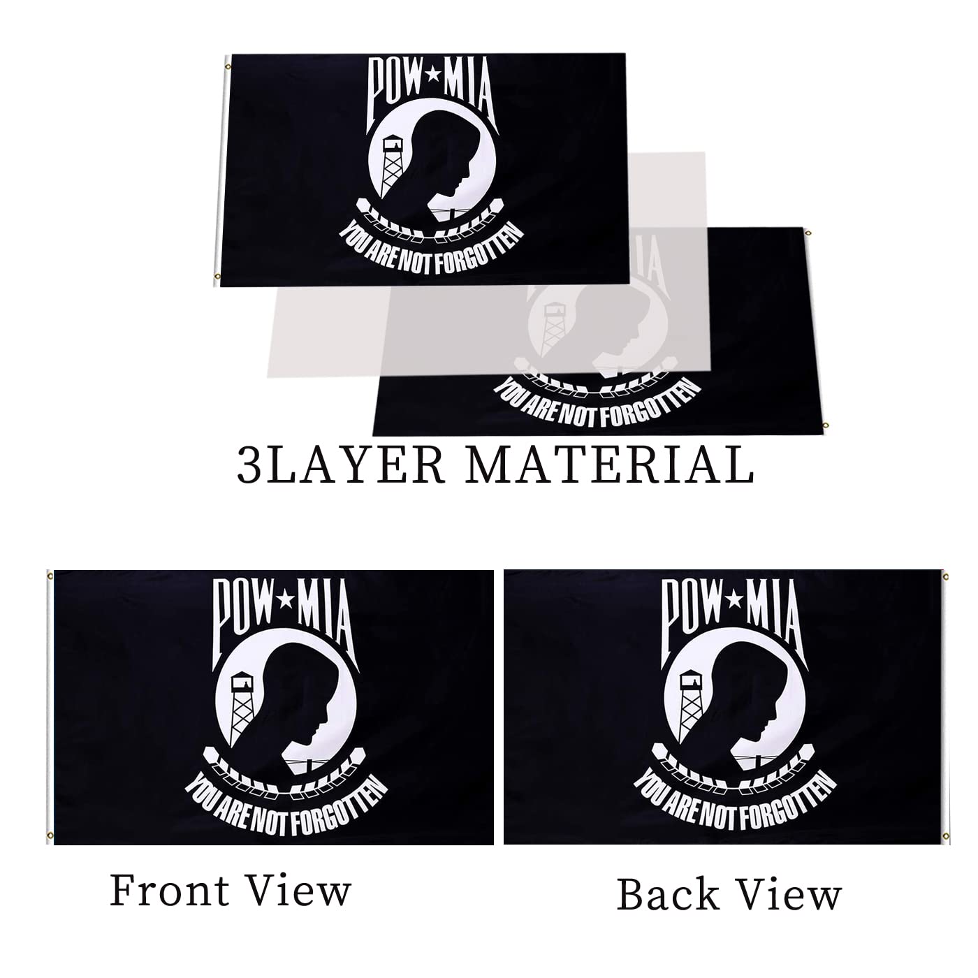 Mia Pow Flags 2x3 Outdoor Double Sided Pow Flags Heavy Duty 3 Ply Thick Nylon Material with 2 Metal Grommets, 4 Rows of Stitching Powmia Flag Banner