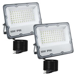 indmird 2 pack 60w led outdoor flood light, exterior flood lights, plug in flood light, for yard, stadium, playground, lawn,garden, garages,basketball court