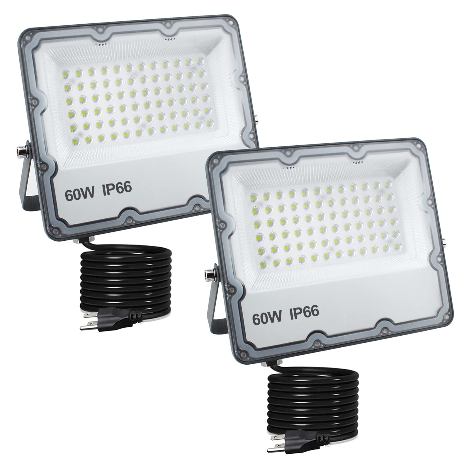 Indmird 2 Pack 60W Led Outdoor Flood Light, Exterior Flood Lights, Plug in Flood Light, for Yard, Stadium, Playground, Lawn,Garden, Garages,Basketball Court