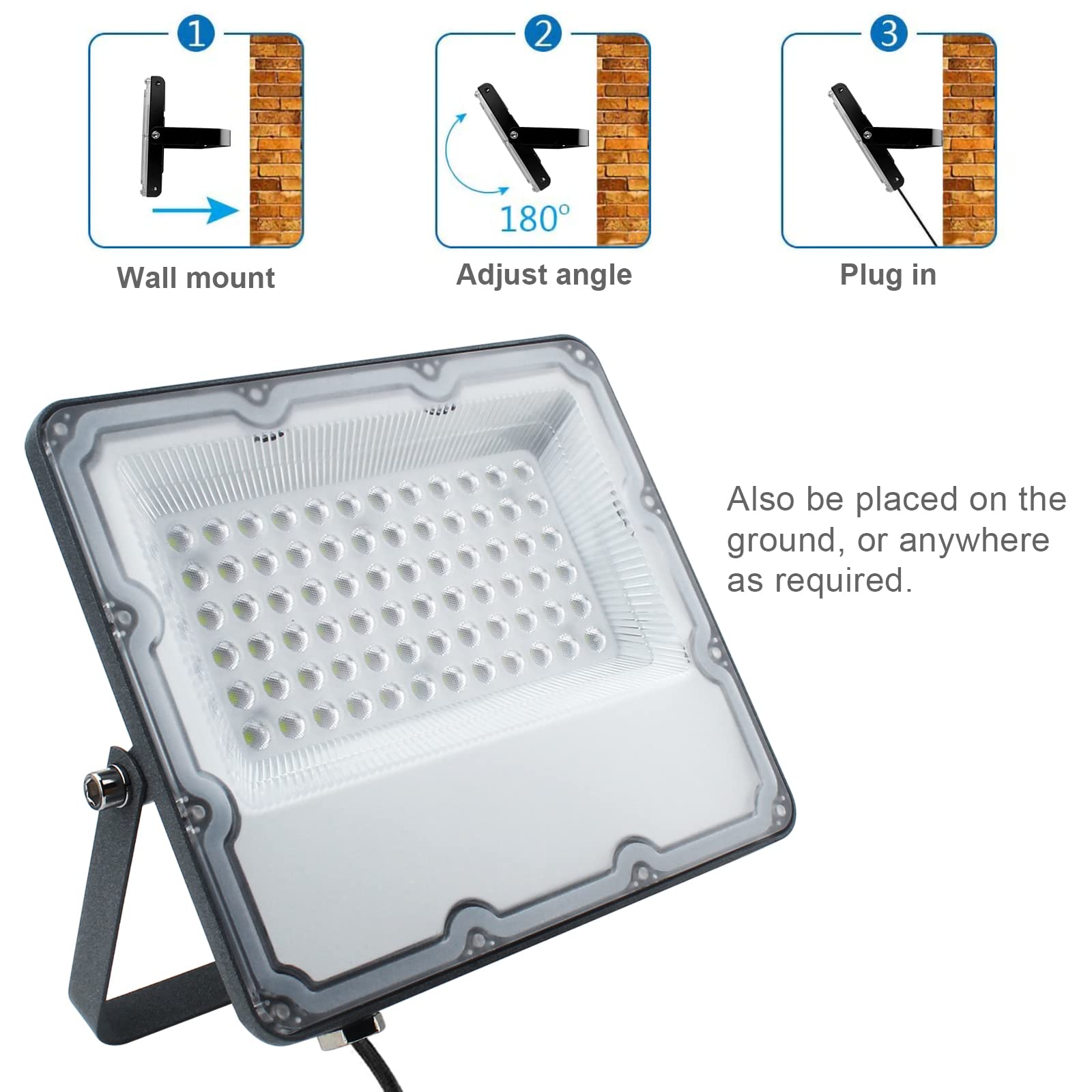 Indmird 2 Pack 60W Led Outdoor Flood Light, Exterior Flood Lights, Plug in Flood Light, for Yard, Stadium, Playground, Lawn,Garden, Garages,Basketball Court