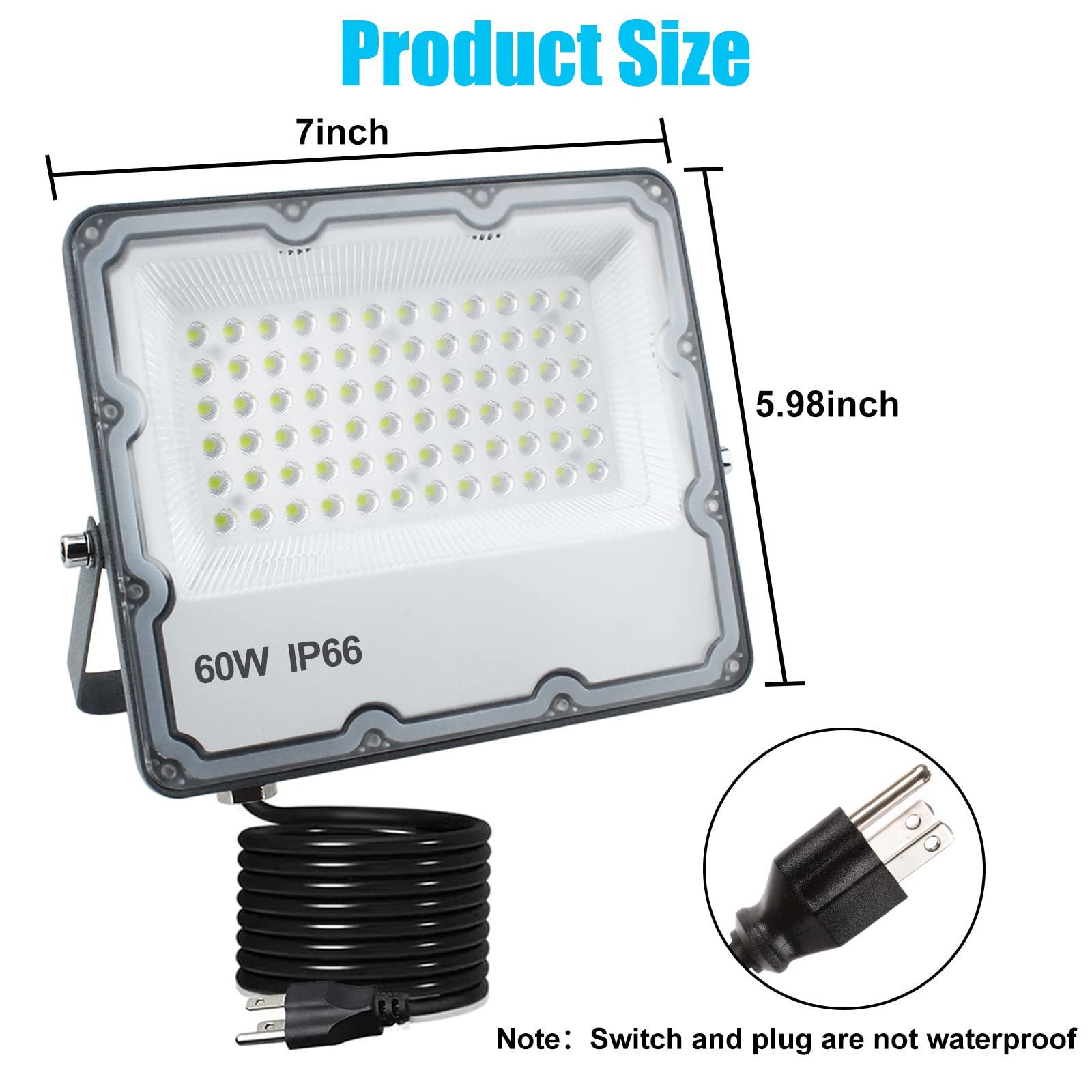 Indmird 2 Pack 60W Led Outdoor Flood Light, Exterior Flood Lights, Plug in Flood Light, for Yard, Stadium, Playground, Lawn,Garden, Garages,Basketball Court