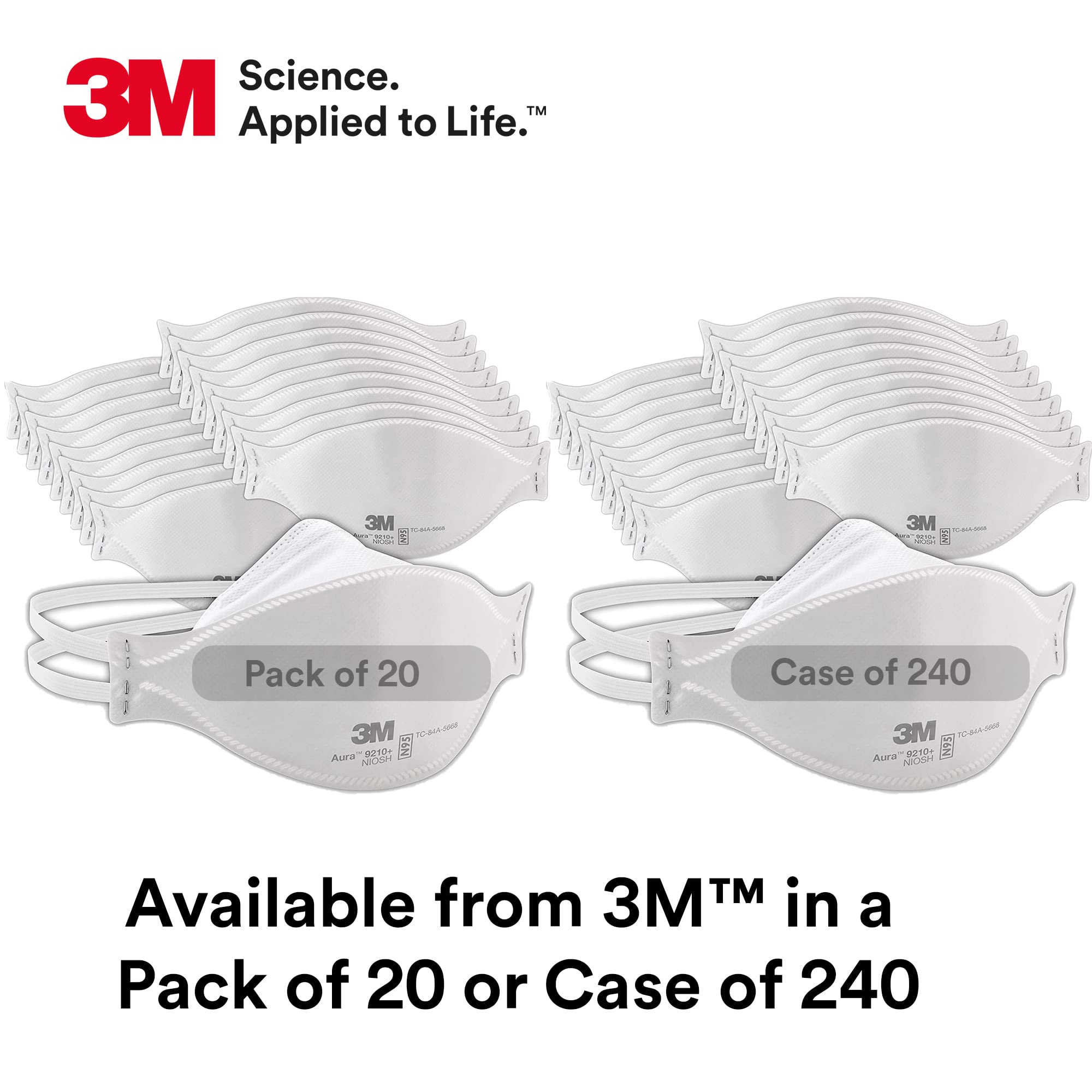 3M Aura Particulate Respirator 9210+, N95, Pack of 20 Disposable Respirators, Convenient Individually Wrapped, Stapled Flat Fold Design, Low Profile Design Reduces Eyewear Fogging