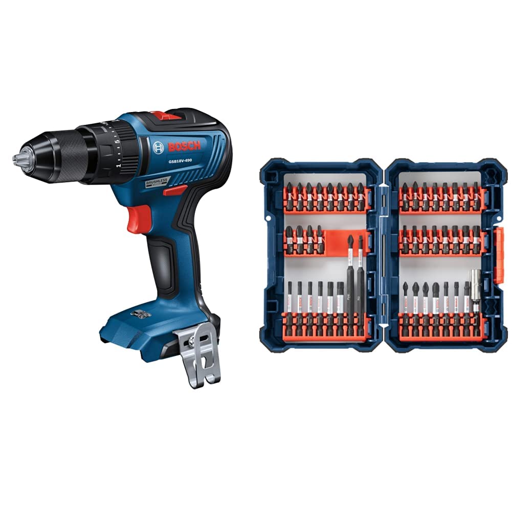 Bosch GSB18V-490N 18V EC Brushless 1/2 In. Hammer Drill/Driver (Bare Tool)&BOSCH 44 Piece Impact Tough Screwdriving Custom Case System Set SDMS44