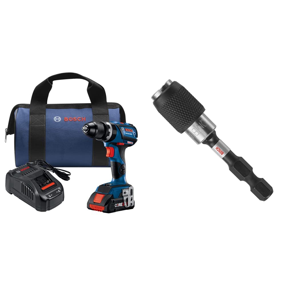 BOSCH GSB18V-535CB15 18V EC Brushless Connected-Ready Compact Tough 1/2 In. Hammer Drill/Driver with (1) CORE18V 4.0 Ah Compact Battery&BOSCH ITBHQC201 2 1/4", Impact Tough Quick Change Bit Holder