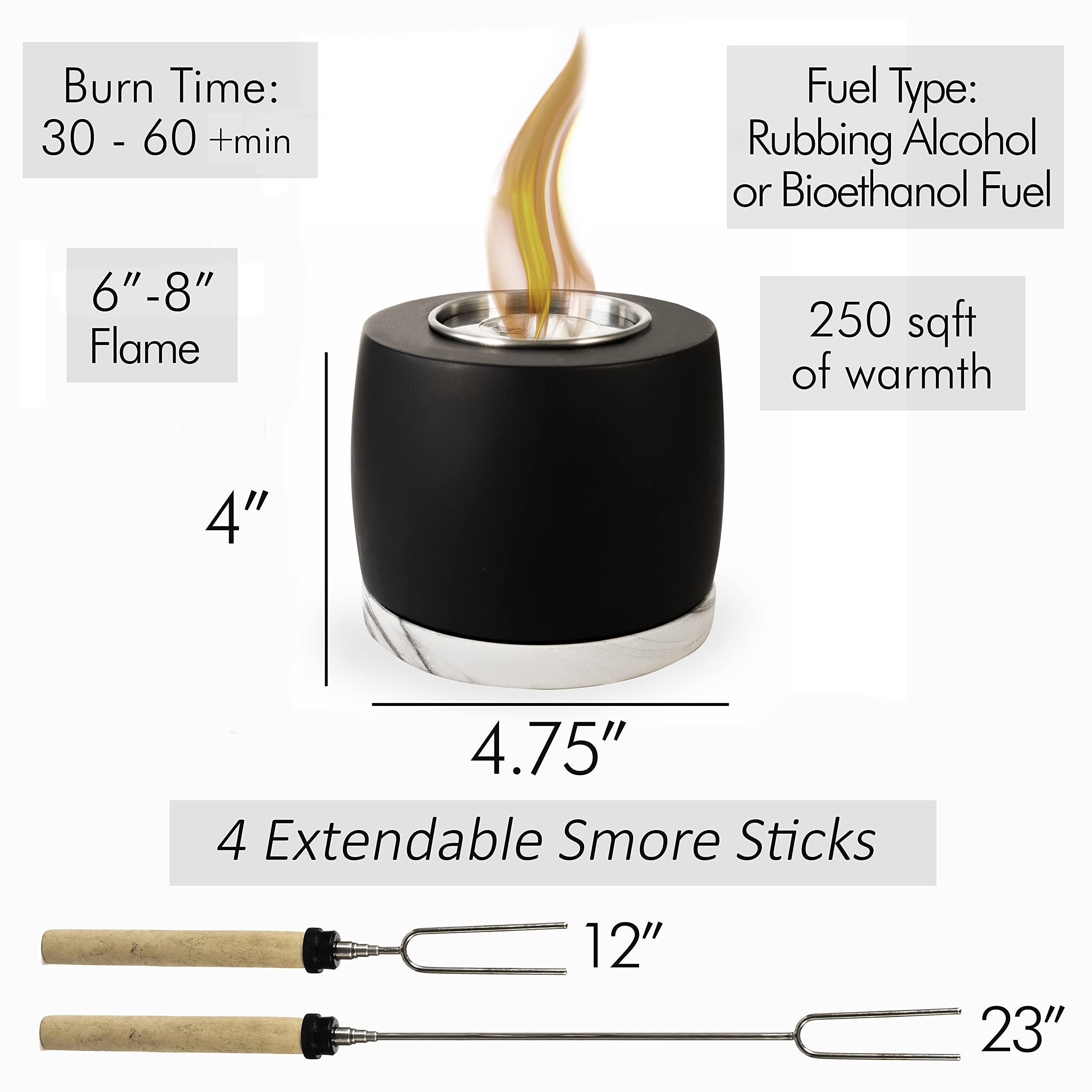 ROZATO Tabletop Fire Pit with Roasting Sticks, Portable Indoor/Outdoor Mini Small Concrete Fireplace, Table Top Smores Maker Kit, Modern Home/Apartment Decor for Living and Dining Room Patio Balcony