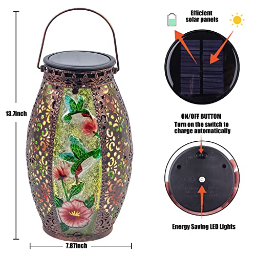 Outdoor Solar Lantern-Waterproof Hummingbird Hanging Metal Decorative Lights for Patio Table Garden Pathway Yard with Super Bright Warm White LED, Large Solar Panels, Auto On/Off