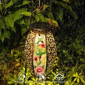 Outdoor Solar Lantern-Waterproof Hummingbird Hanging Metal Decorative Lights for Patio Table Garden Pathway Yard with Super Bright Warm White LED, Large Solar Panels, Auto On/Off