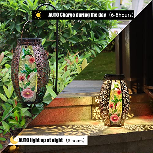 Outdoor Solar Lantern-Waterproof Hummingbird Hanging Metal Decorative Lights for Patio Table Garden Pathway Yard with Super Bright Warm White LED, Large Solar Panels, Auto On/Off