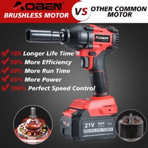 AOBEN 21V 1/2 Cordless Impact Wrench, High Torque Brushless Impact Wrench Set, Max Torque 450 ft-lbs (600N.m), 4.0Ah Li-ion Battery, 7 PCS Sockets 1 Extension Bar, Fast Charger and Tool Bag