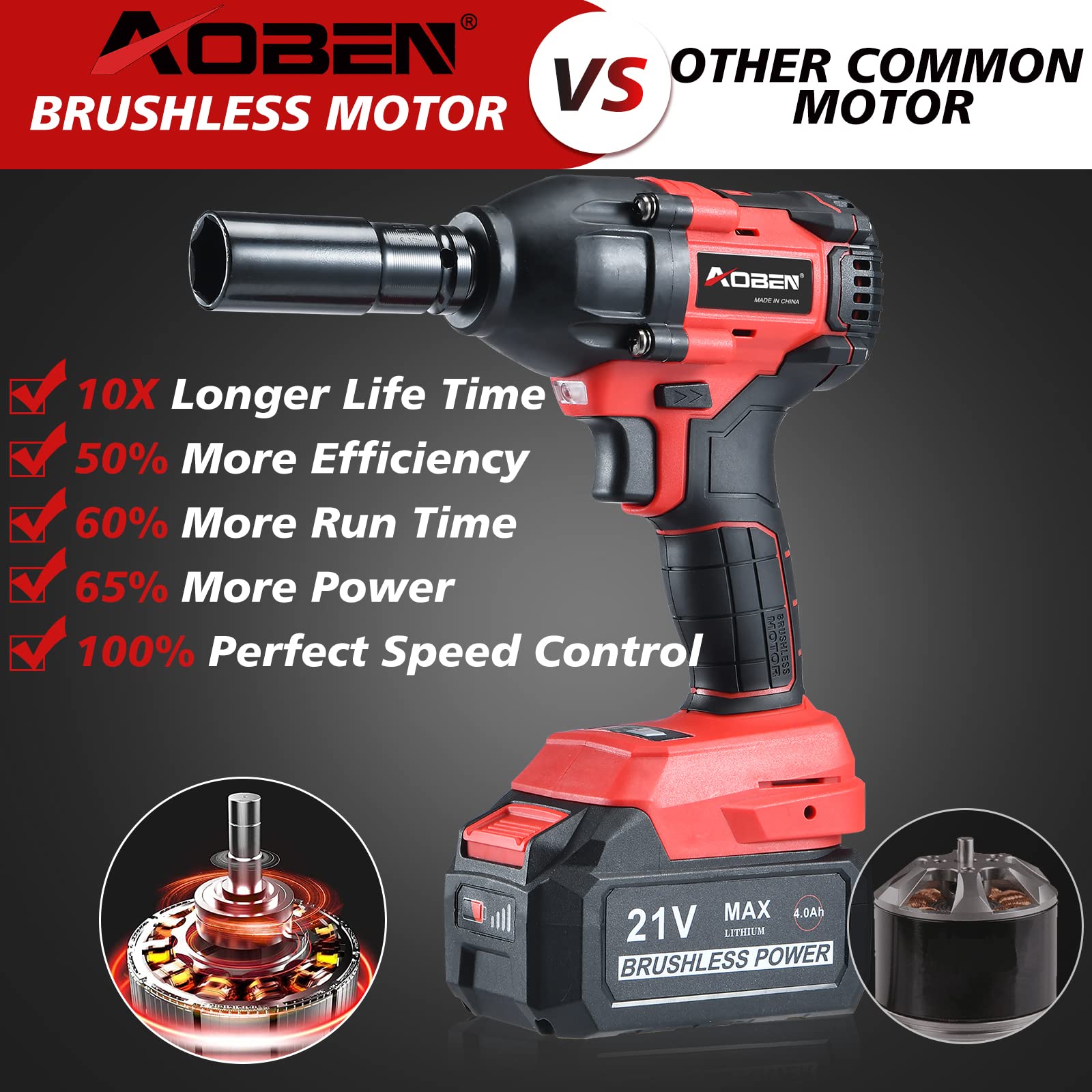 AOBEN 21V 1/2 Cordless Impact Wrench, High Torque Brushless Impact Wrench Set, Max Torque 450 ft-lbs (600N.m), 4.0Ah Li-ion Battery, 7 PCS Sockets 1 Extension Bar, Fast Charger and Tool Bag