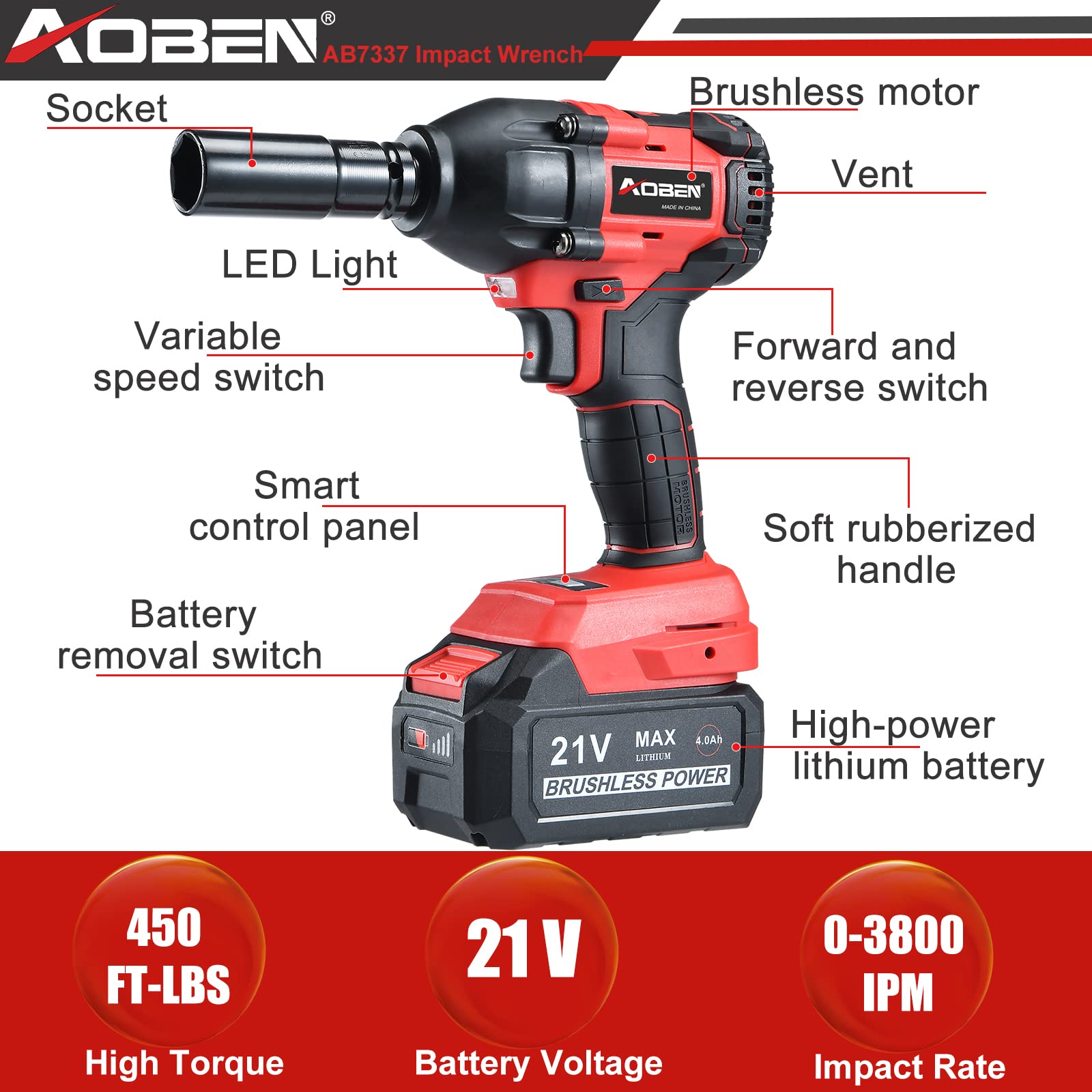 AOBEN 21V 1/2 Cordless Impact Wrench, High Torque Brushless Impact Wrench Set, Max Torque 450 ft-lbs (600N.m), 4.0Ah Li-ion Battery, 7 PCS Sockets 1 Extension Bar, Fast Charger and Tool Bag