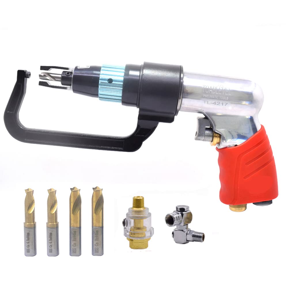 Air Spot Weld Drill Pneumatic Sheet Metal Drill For Remover Dent Fix W/Hook Drills With 5/16 1/4 Inch Bits For Car Welding Spot Sheet Metal Steel Panel Repair Kit With Four Drill Bits