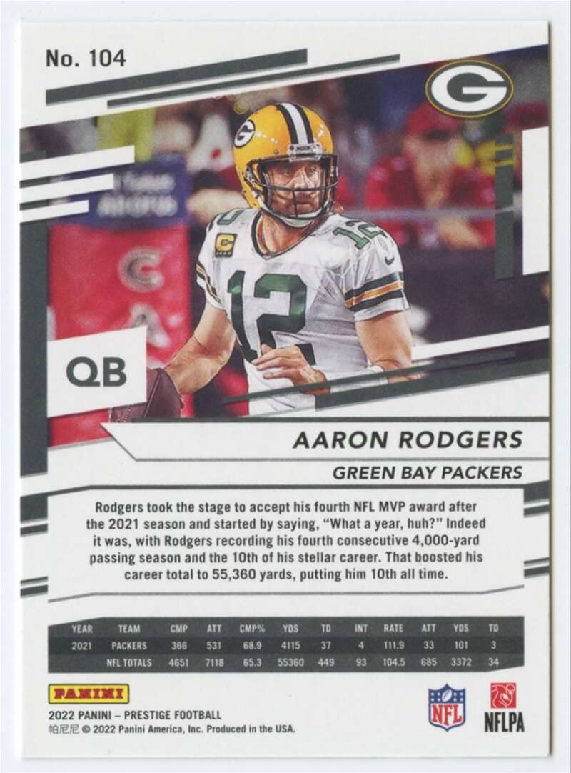 2022 Panini Prestige #104 Aaron Rodgers NM-MT Green Bay Packers Football