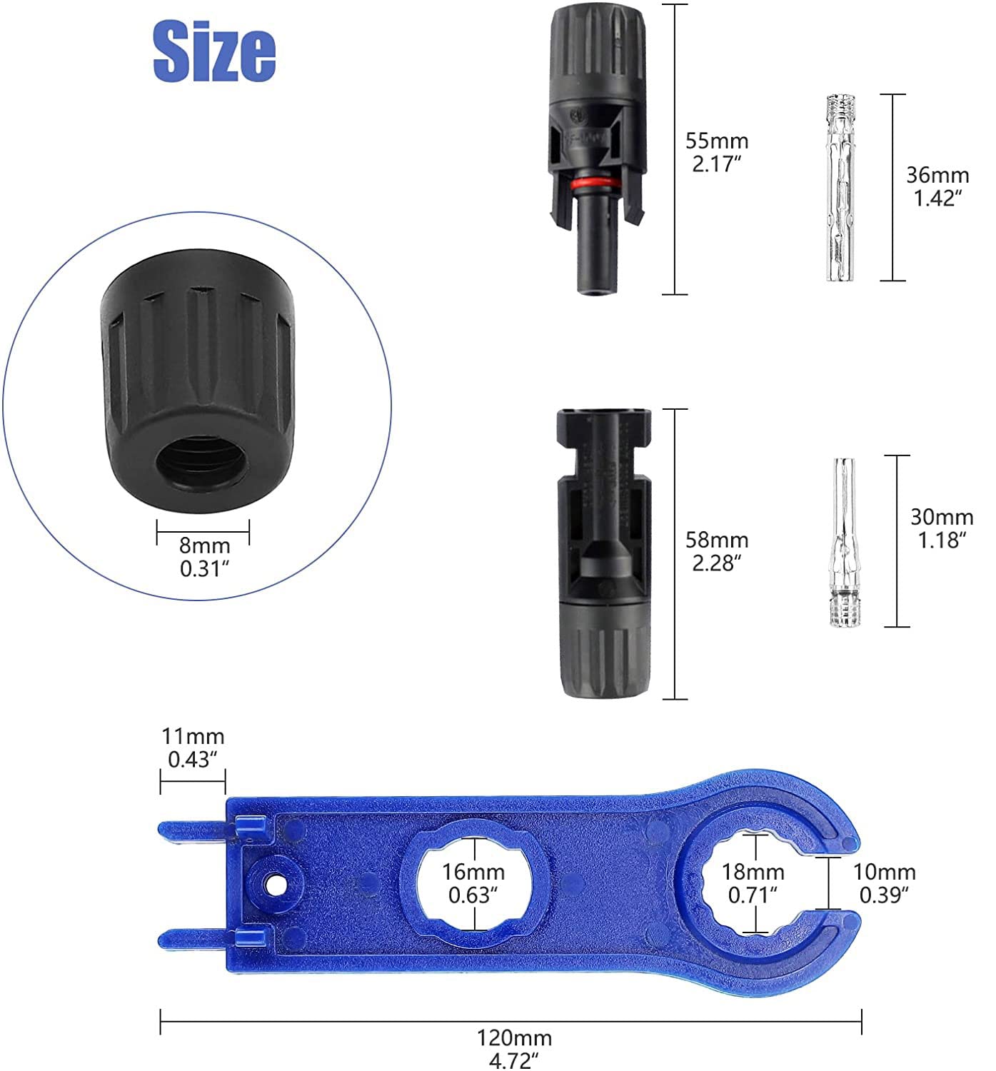 kimystam 16 PCS Solar Connectors with Spanners Solar Panel Cable Connectors 8 Pairs Male/Female(10AWG)