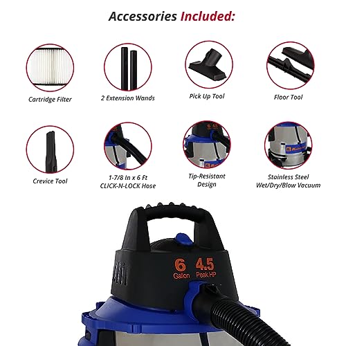 Koblenz WD 6 L212 SS Wet-Dry Vacuum, 6 Gallon 4.5 HP, 1 7/8 in x 6 Ft EVA Locking Hose, Stainless+Blue 5 Year Warranty