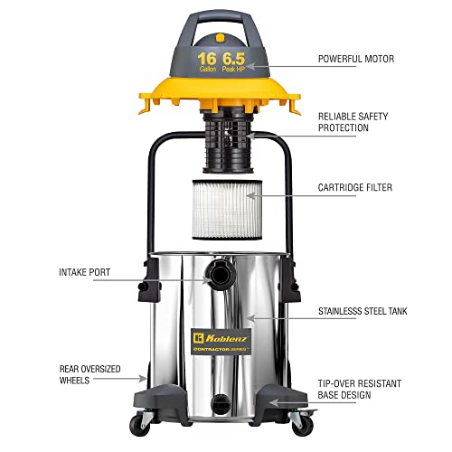 Koblenz Contractor Wet/Dry Vac, 16 Gal Stainless Steel 6.5HP 2-Stage Quiet Motor, Stainless (WD-16 C416SSH)