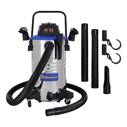 Koblenz Stainless Wet-Dry 6.5 HP Vacuum Cleaner and Blower with Rear Pull Handle, 16 Gallon Tank, Stainless Steel/Black