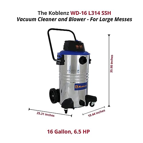 Koblenz Stainless Wet-Dry 6.5 HP Vacuum Cleaner and Blower with Rear Pull Handle, 16 Gallon Tank, Stainless Steel/Black