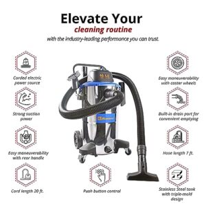 Koblenz Stainless Wet-Dry 6.5 HP Vacuum Cleaner and Blower with Rear Pull Handle, 16 Gallon Tank, Stainless Steel/Black