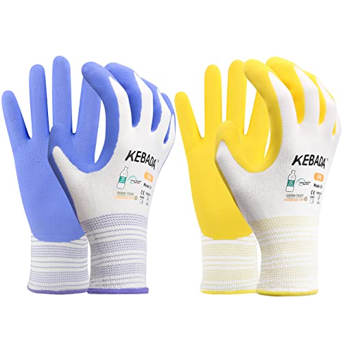 Kebada Gardening Gloves for Women, 2 Pairs Latex Coated Yard Gloves, Micro-Foam Textured Coating on Palm & Fingers, Breathable Womens Work Gloves, High Visibility, Medium, Lilac & Yellow