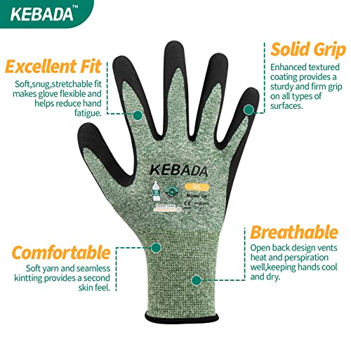 Kebada Gardening Gloves for Men, 6 Pairs Breathable Garden Gloves, Foam Latex Coated, Stretchable Knitting General Duty Work Gloves, Made from Recycled PET Bottles,Green & Gray, Large