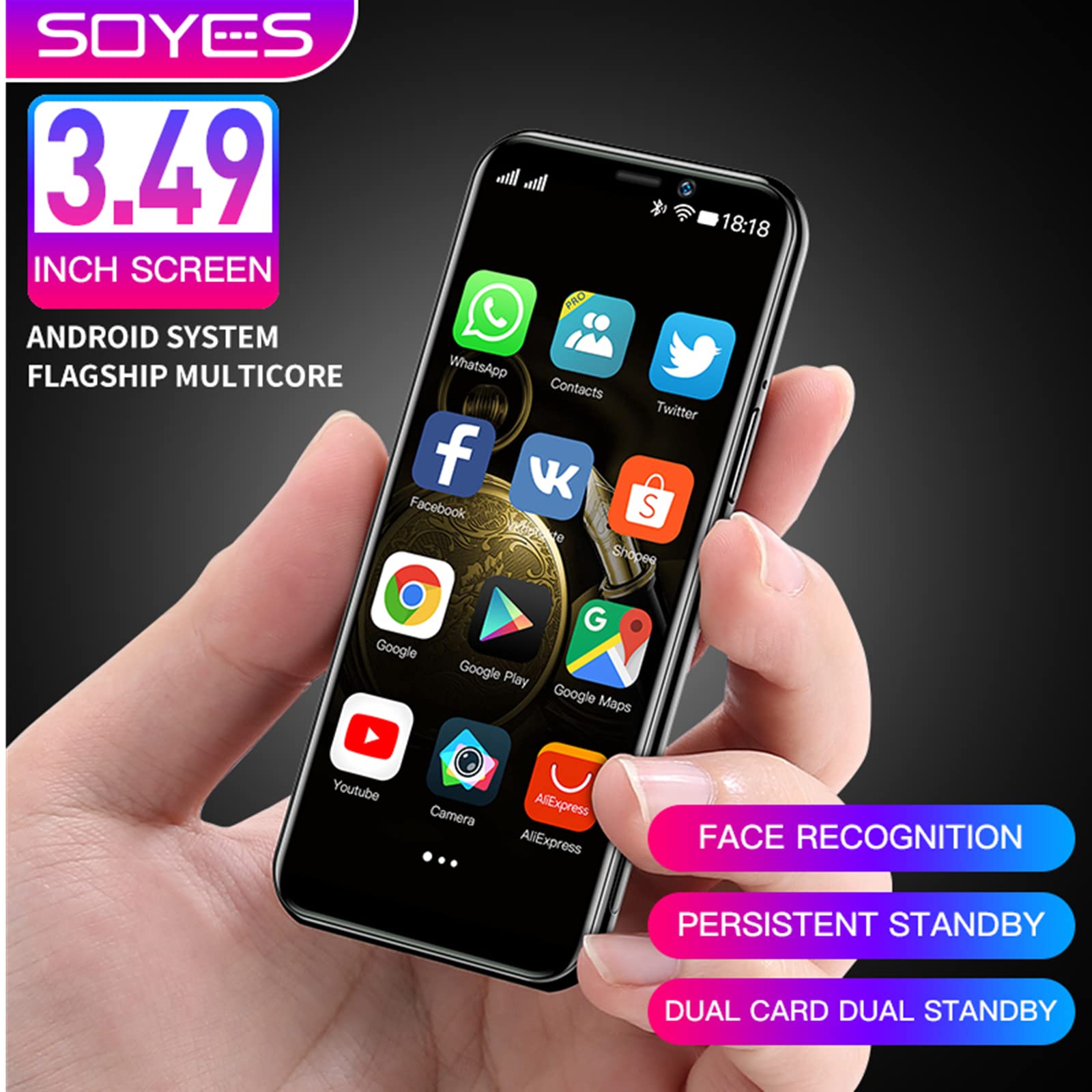 SOYES S10H Mini 4G Card Smartphone RAM 3GB ROM 32GB Android 9.0 Ultra-Thin 3.49 Inch K13 Dual Sim 4G Unlocked Student Mobile Phone Face Recognition Google(Black 3GB+32GB)