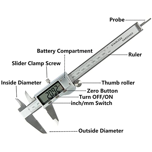 Beslands Digital Caliper 0-6"/0-150mm Electronic Vernier Caliper Measuring Tool, Digital Micrometer with Large LCD Screen, Stainless Steel, Inch Metric Conversion with Protective Case, Extra Battery