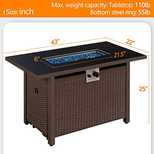 Topeakmart 43 inch Propane fire Pit Table 50,000 BTU Wicker Gas Fire Pit with Lid, Tempered Glass Tabletop, Fire Glass and Rain Cover, Outdoor Gas Fire Table for Patio Deck, Outside Heating, Brown