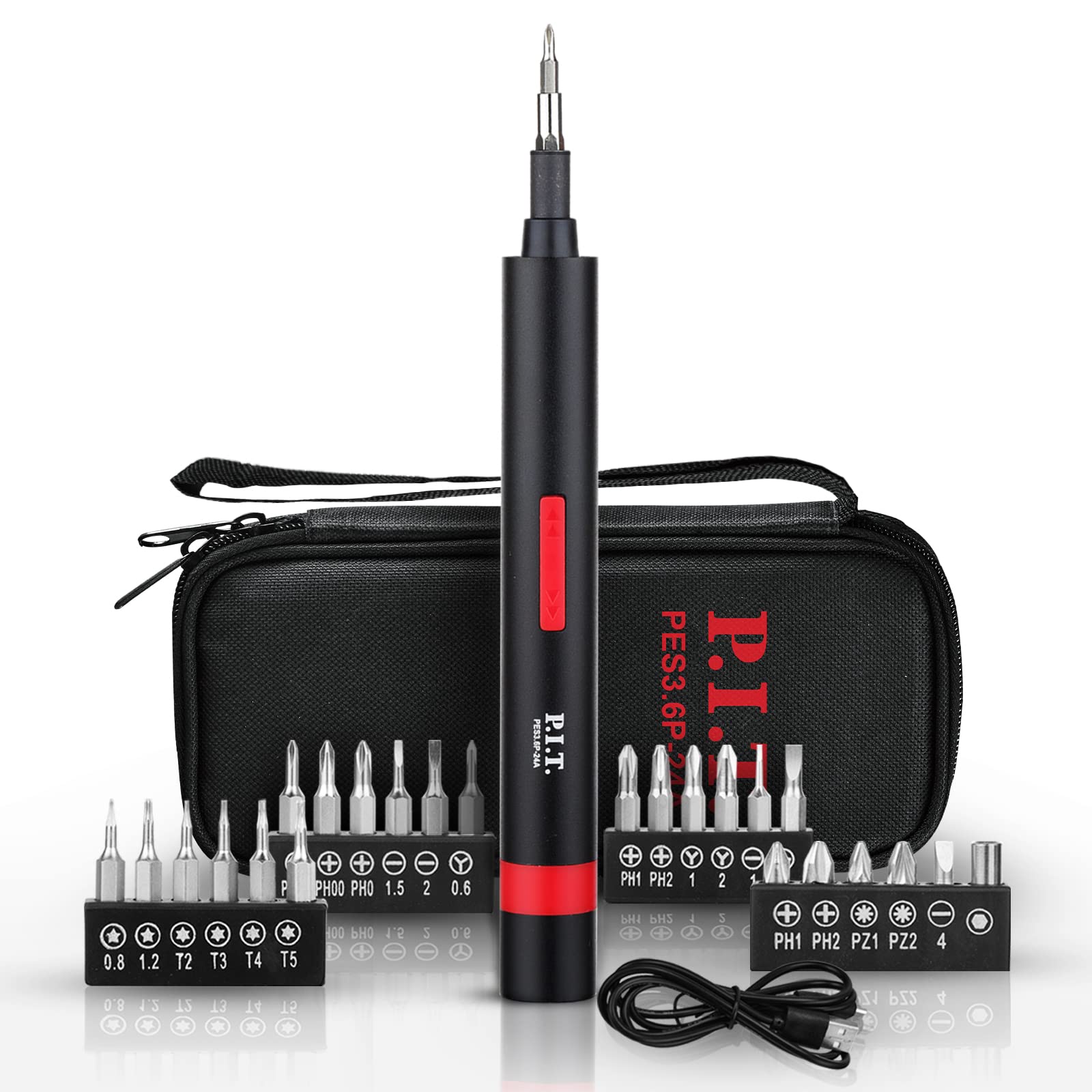 P.I.T. Electric Screwdriver Set, 3.6V Cordless Magnetic Precision Screwdriver Kit with 3 Led Light and 24 Standard Screwdriver Heads, Handy Repair Tool for Phone Watch Camera Laptop