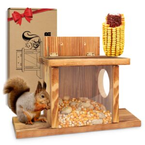 ansteep carbonized wood squirrel feeder, squirrel feeders for outside winter, durable squrrill house box easy to fill with removable front panel, wooden chipmunk feeder for corn, peanuts…