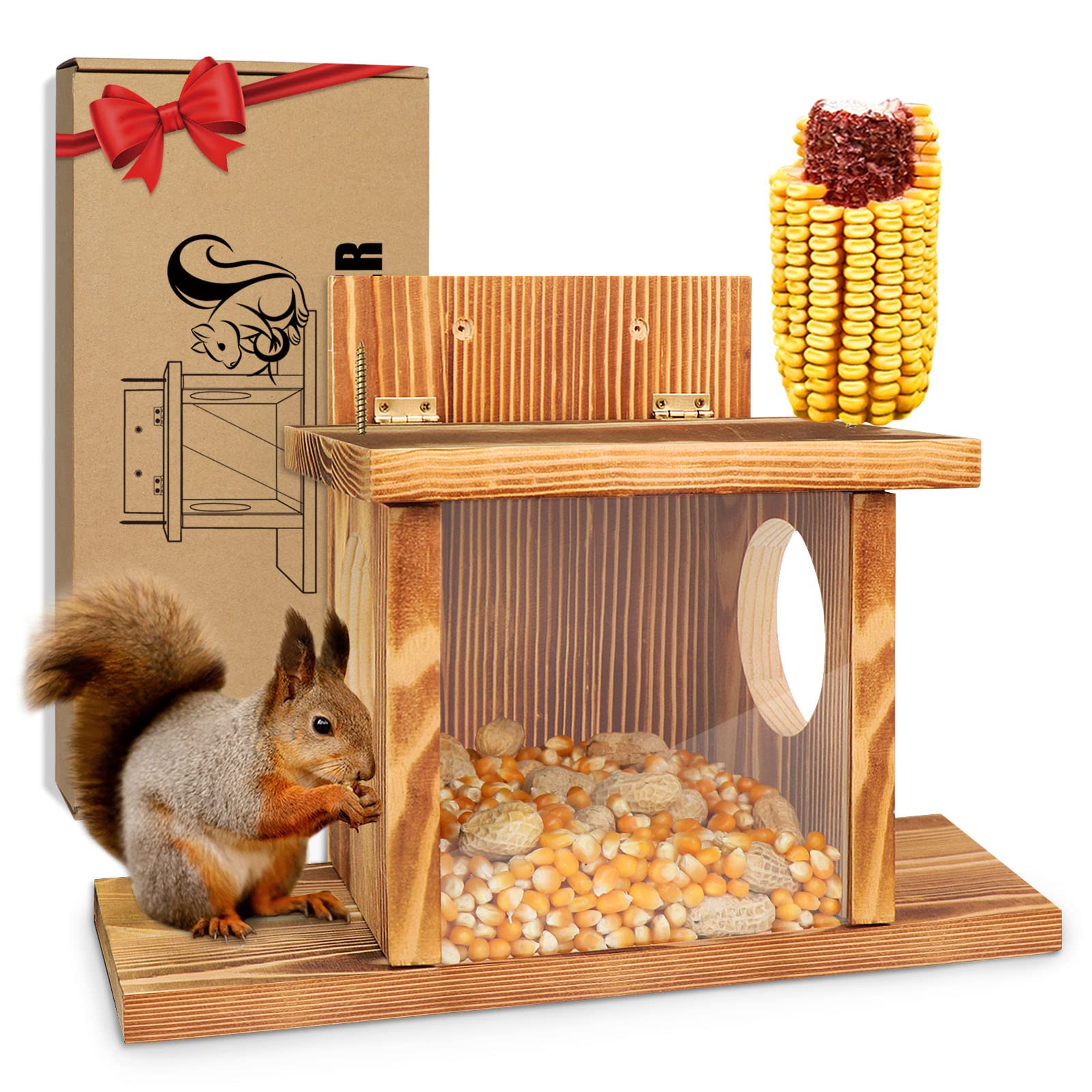 ANSTEEP Carbonized Wood Squirrel Feeder, Squirrel Feeders for Outside Winter, Durable Squrrill House Box Easy to Fill with Removable Front Panel, Wooden Chipmunk Feeder for Corn, Peanuts…