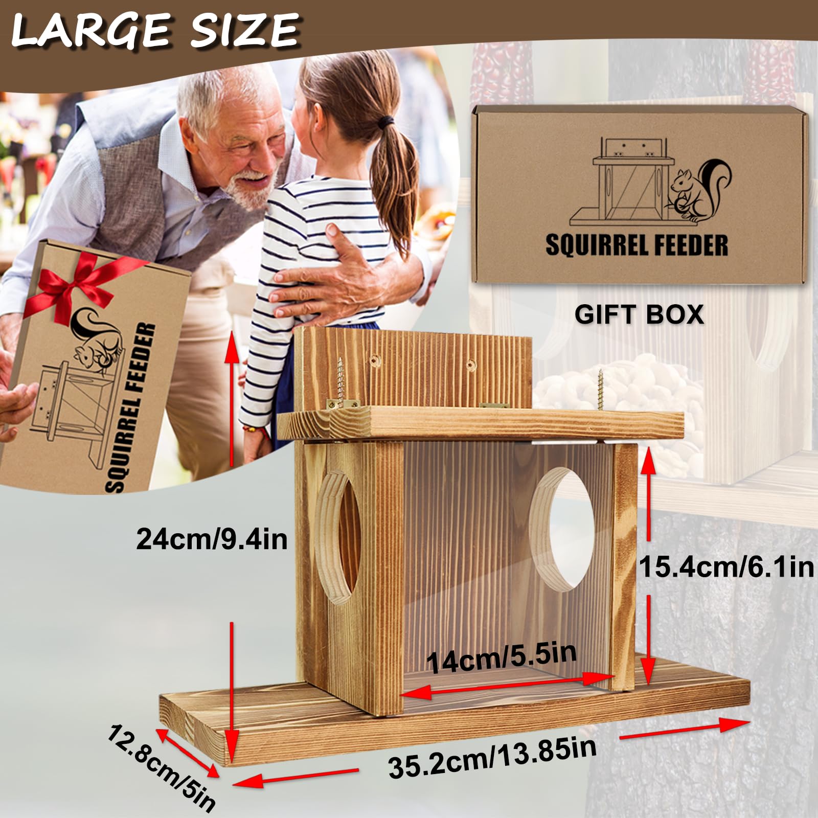 ANSTEEP Carbonized Wood Squirrel Feeder, Squirrel Feeders for Outside Winter, Durable Squrrill House Box Easy to Fill with Removable Front Panel, Wooden Chipmunk Feeder for Corn, Peanuts…