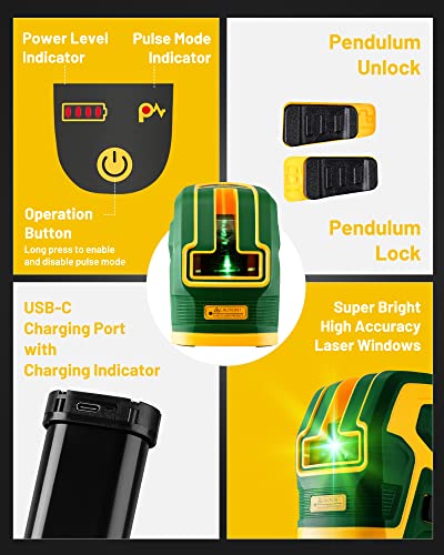 APEXFORGE X3 131ft Green Laser Level, Cross Line Laser with 2 Plumb Dots, 4500mAh Rechargeable Battery with Type-C Charging Port, Self-Leveling & Manual & Pulse Mode