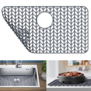 guukin sink protectors for kitchen sink, 26''x 14'' silicone kitchen sink mat grid for bottom of farmhouse stainless steel porcelain sink with rear drain (grey)