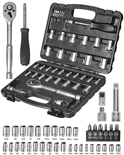 WESCO Socket Wrench Set, Quick Release Ratcheting, 1/4-Inch & 3/8-Inch Drive, SAE/Metric, Cr-V Steel, Mechanic Tool Set with Case, 40 Pieces