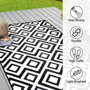 DiiKoo Outdoor Rug Mat for Patio, 5x8ft Waterproof Reversible Plastic Straw Rugs, Camping Carpet Area Mats for RV, Porch, Deck, Backyard, Balcony, Camper, Picnic, Beach, Trailer, Black & White