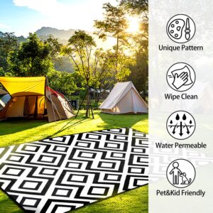 DiiKoo Outdoor Rug Mat for Patio, 5x8ft Waterproof Reversible Plastic Straw Rugs, Camping Carpet Area Mats for RV, Porch, Deck, Backyard, Balcony, Camper, Picnic, Beach, Trailer, Black & White