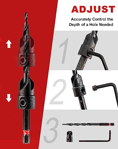 EZARC Wood Countersink Drill Bit Set, 4, 6, 8, 10, 12 Tapered Drill Bits, with 1/4" Hex Shank, Counter Sinker Set for Woodworking and Carpentry