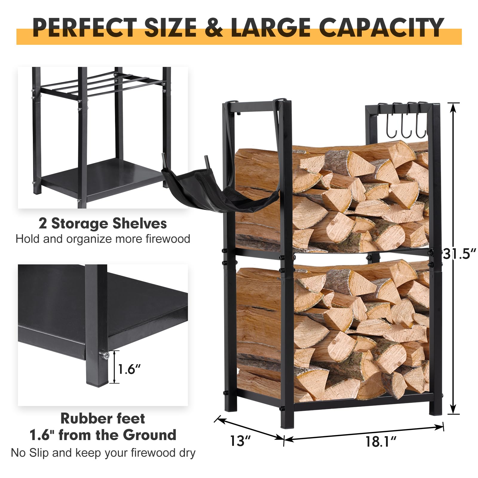 NALONE Firewood Rack Indoor, Small Outdoor Firewood Log Storage Rack, 2-Tier Wood Holder with 6 Hooks, Firewood Stand for Indoor Fireplace, Outdoor Patio, Fire Pit, Stove