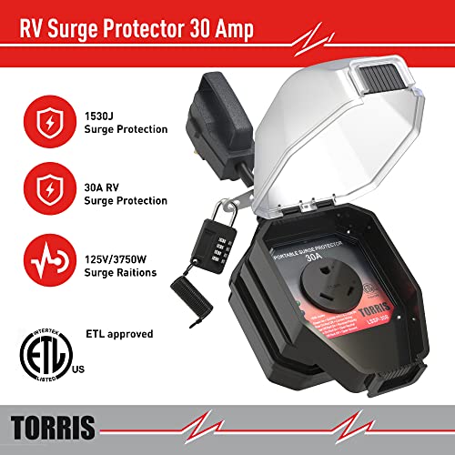 TorrisToys RV Surge Protector 30 Amp - Мandatory Camper Accessories - RV Electrical Adapter with ETL Tested - Easy to Use Handle, Waterproof Cover, Anti-Theft Lock